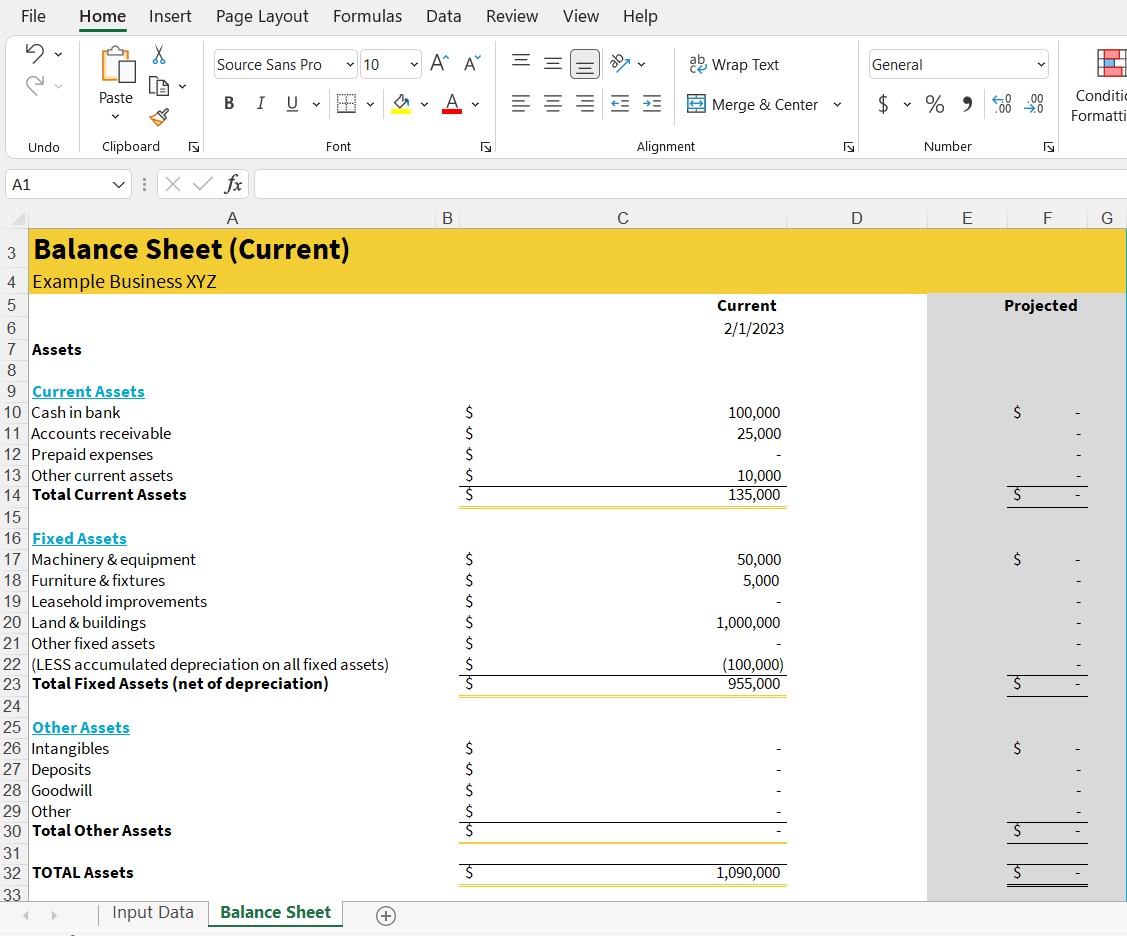 Startup Balance Sheet Template Free ProjectionHub